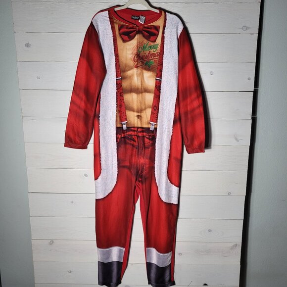 Other | Christmas Men Funny Santa Abs Fleece Pajama Zip Up Onsie ...